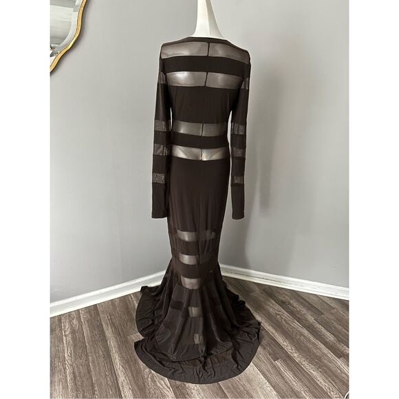 Norma Kamali | Dresses | Nwt Norma Kamali Long Sleeve Spliced Meshstriped Fishtail Gown ...